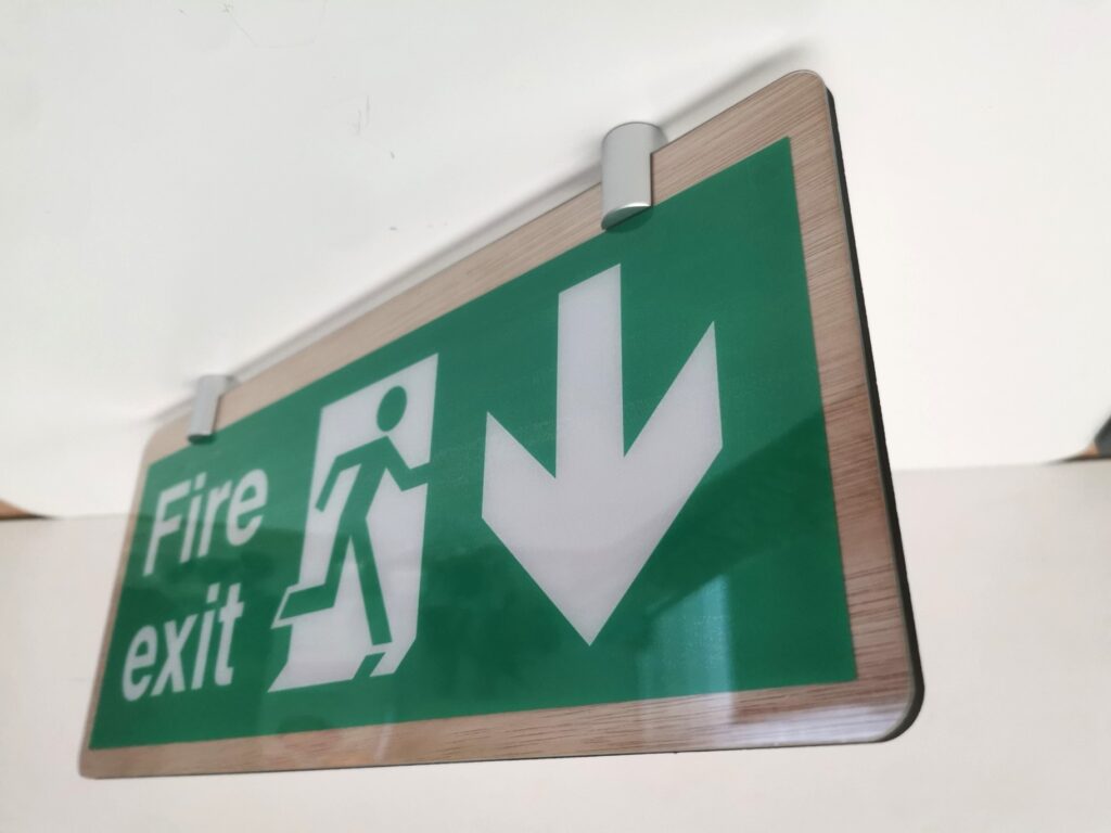 Suspended Acrylic Fire Exit Signs (BS) - Steve Marsh Design
